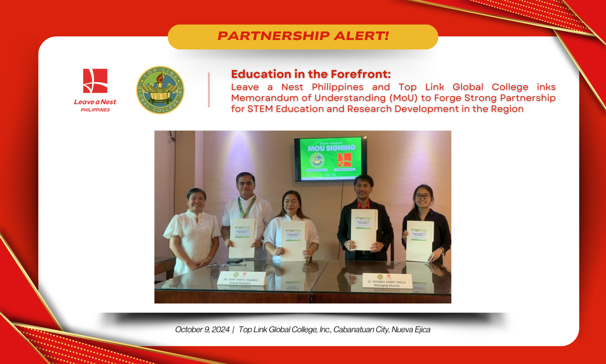 Education in the Forefront: Leave a Nest Philippines and Top Link Global College inks Memorandum ...